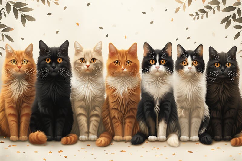 A Collection of Various Cats Sitting Closely Alongside Each Other Stock ...