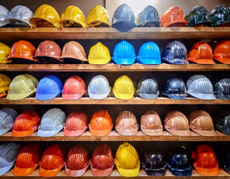A Collection of Various Colored Hard Hats on a Shelf Stock Illustration ...