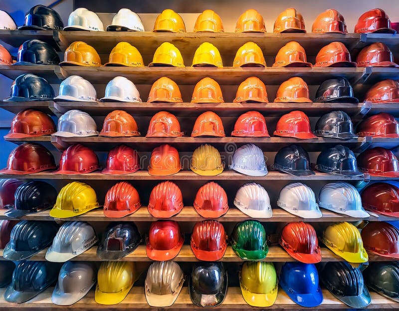A Collection of Various Colored Hard Hats on a Shelf Stock Illustration ...