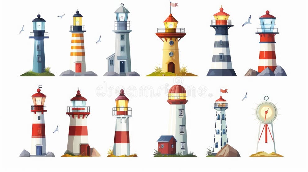 A Collection of Various Colored Lighthouses on a Plain White Backdrop ...