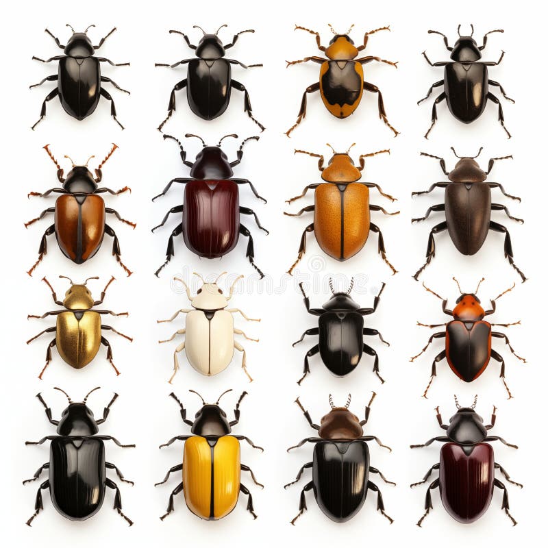 Collection of Various Colorful Beetles on a White Background in a Grid ...