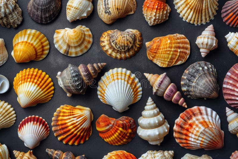Collection of Various Colorful Seashells on Black Background Stock ...