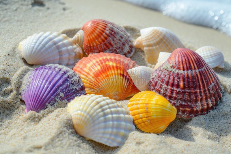 Collection of Various Colorful Seashells on Sand Stock Illustration ...