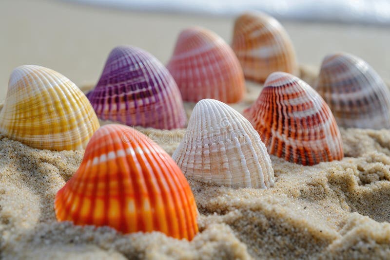Collection of Various Colorful Seashells on Sand Stock Illustration ...