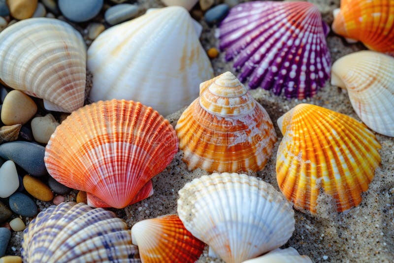 Collection of Various Colorful Seashells on Sand Stock Illustration ...