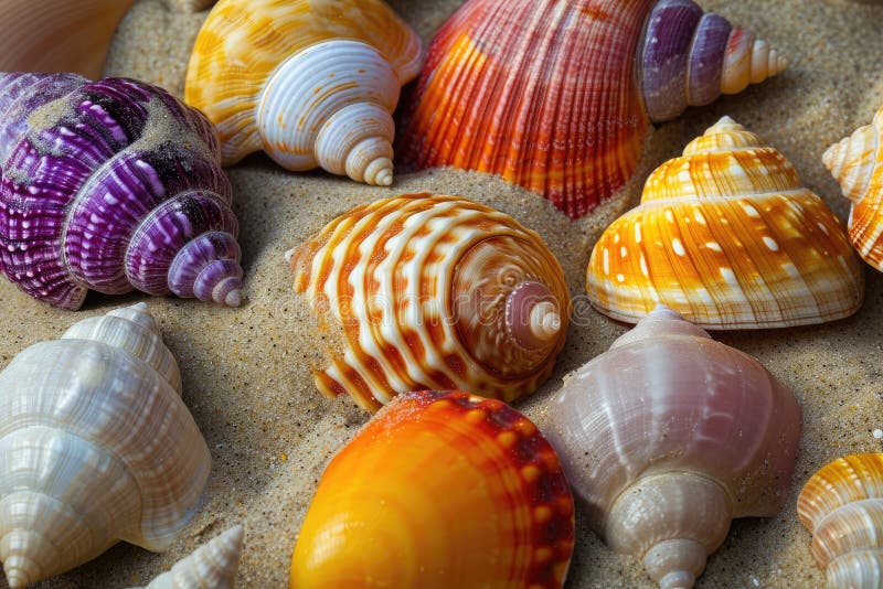 Collection of Various Colorful Seashells on Sand Stock Illustration ...