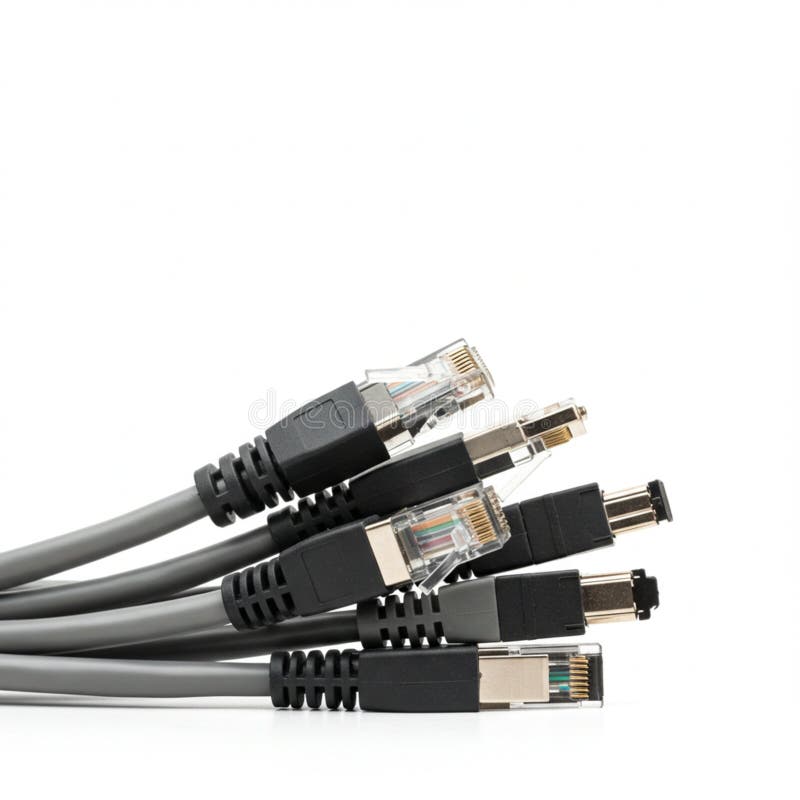 A Collection of Various Computer Cables with Connectors, Such As ...