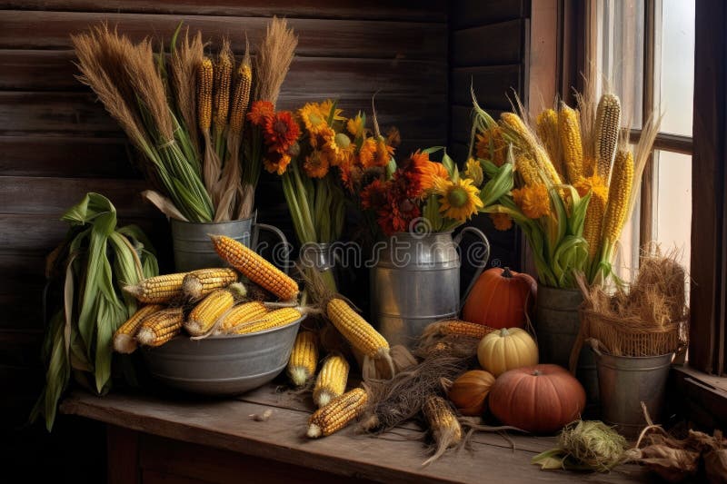 A Collection of Various Corn Types on a Rustic Table Stock Illustration ...