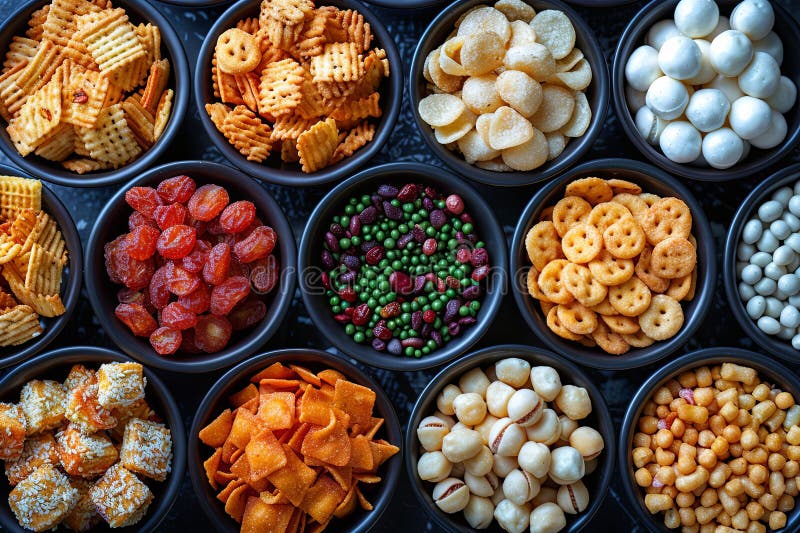Collection of Various Crunchy Snacks in Black Bowls, Different Types of Chips, Nuts. Concept of ...