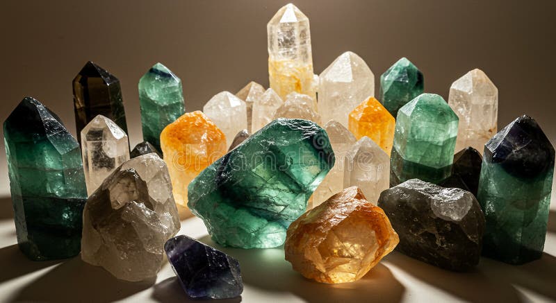 A Collection of Various Crystal Points and Raw Stones in Different ...