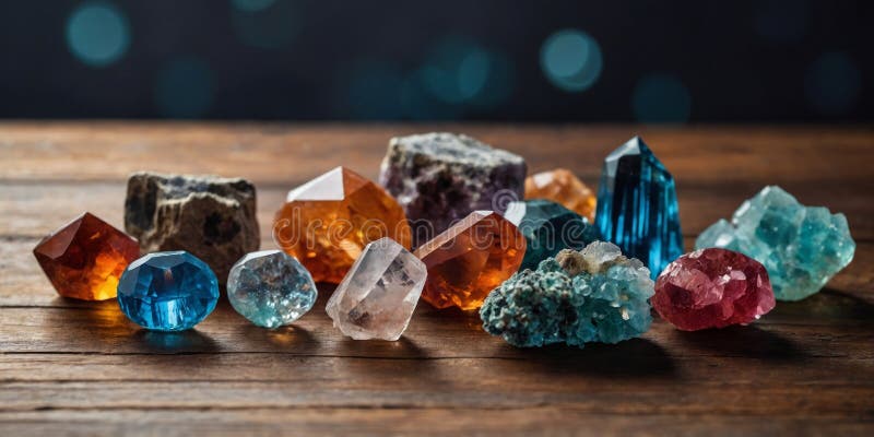 Collection of Various Crystals and Minerals on Wooden Table. Stock ...