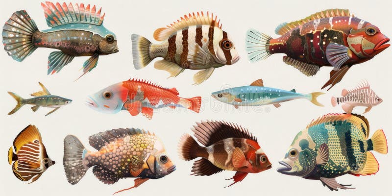 A Collection of Various Fish Species Arranged on a Clean White Surface ...