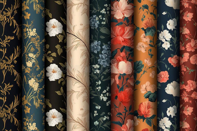 A Collection of Various Floral Patterned Wallpapers in Rich Colors. Each Roll Features Distinct ...