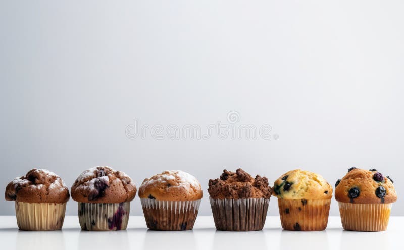 A Collection of Various Flour Muffins in a Row, White Background ...