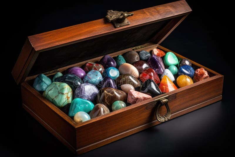 Collection of Various Gemstones in a Wooden Box Stock Illustration ...