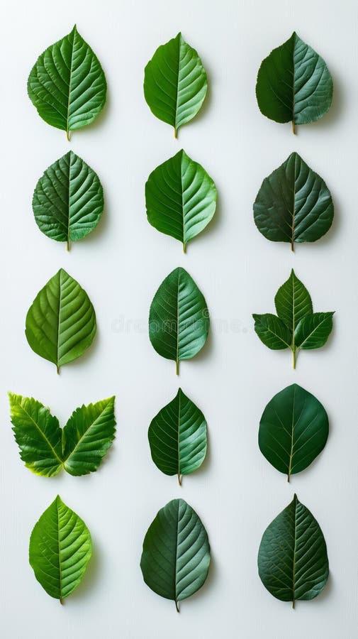 Different Types of Green Leaves Arranged in a Grid Pattern on a Light ...