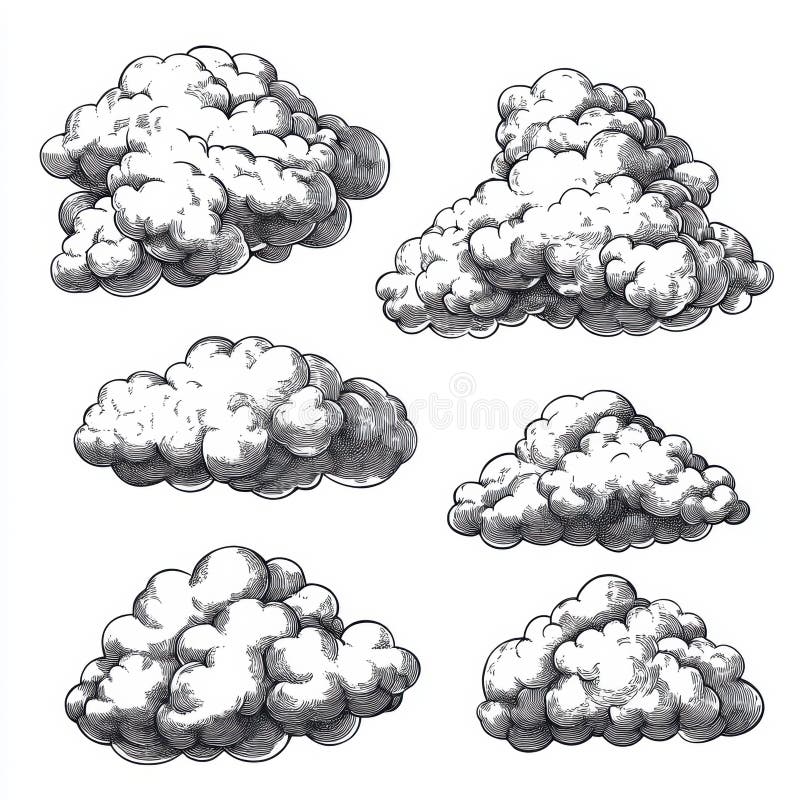 Collection of Various Hand-drawn Cloud Illustrations in Black and White ...