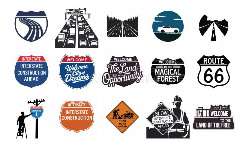 Set of Interstate Construction Sign, Route Sign Vector Design Stock ...