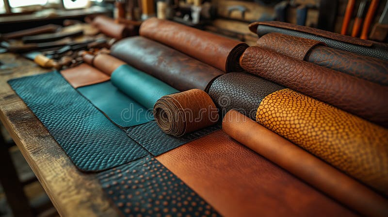 Collection of Various Leather Materials Spread Out on a Crafting Table ...