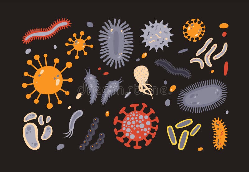 Collection of Various Microorganisms Isolated on Black Background. Set ...