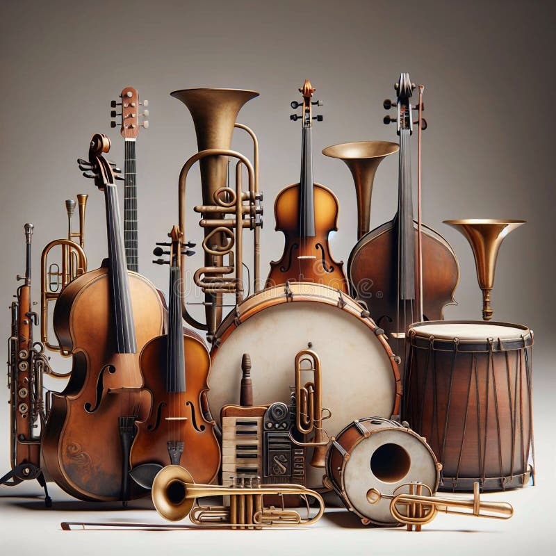 A Collection of Musical Instruments, Including Violins, Trumpets, Drums ...