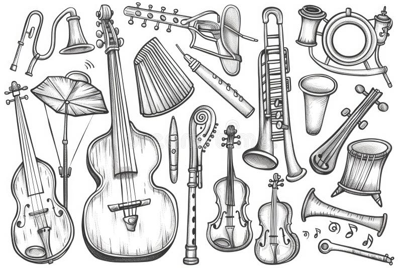 A Collection of Various Musical Instruments Arranged in a Single Line ...