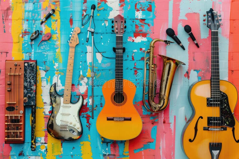 A Collection of Various Musical Instruments Hung on the Wall Stock ...