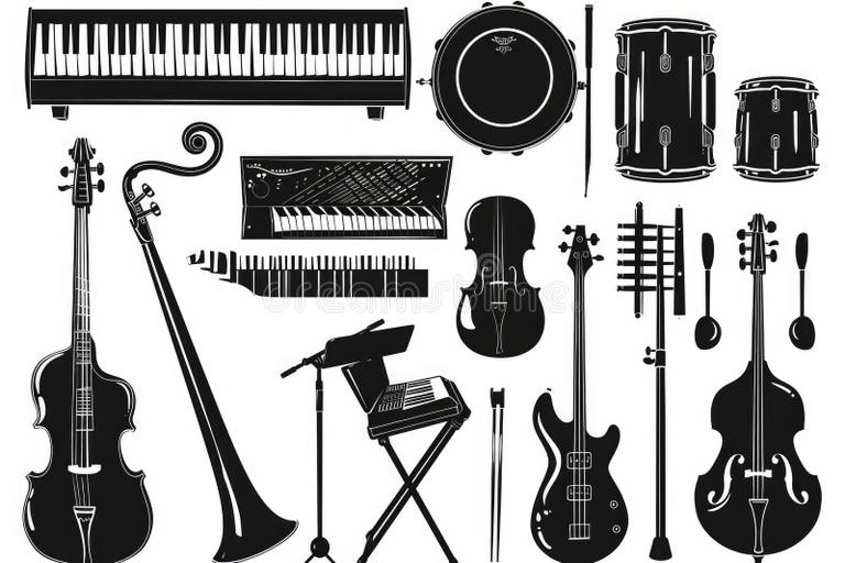 Collection of Various Musical Instruments on a Table or Shelf Stock ...