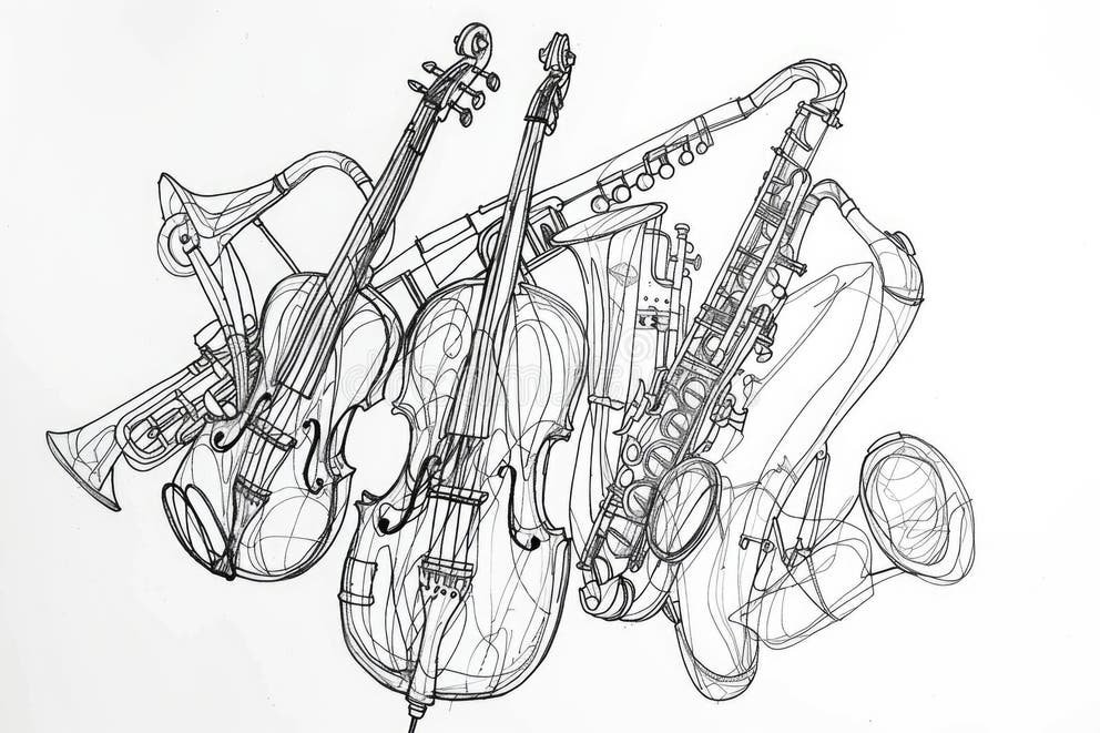 A Collection of Various Musical Instruments on a Table or Stand Stock ...