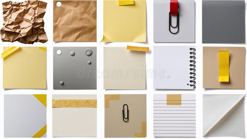 Collection of Various Note Papers with Paper Clips and Adhesive Tape ...