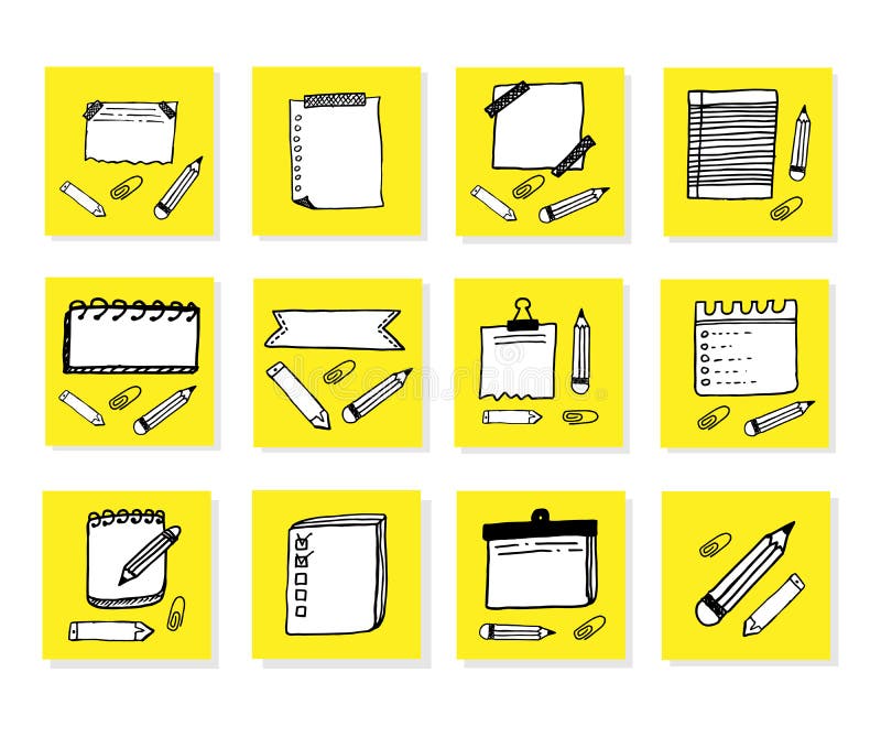 Collection of Various Note Papers on Yellow. Hand Drawn Doodle ...