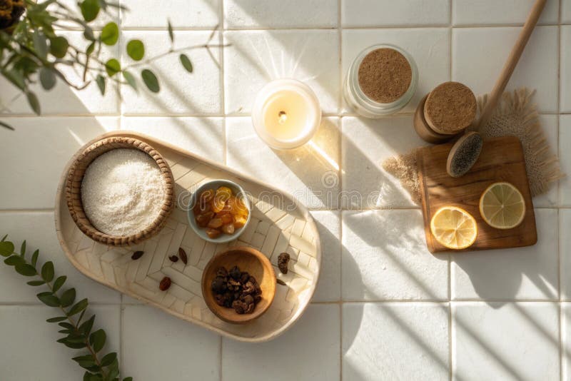 Various Objects on White Tile Background with Sunlight Stock ...