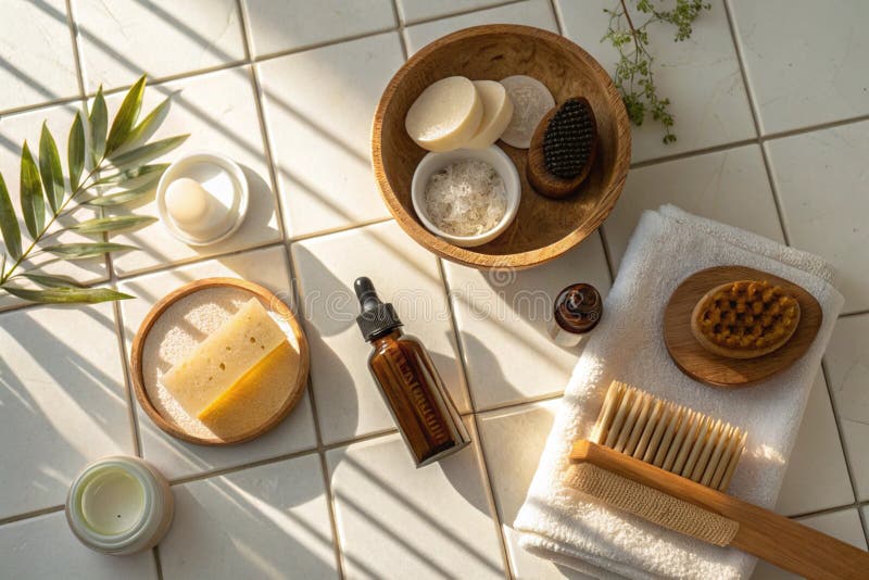 Various Objects on White Tile Background with Sunlight Stock ...