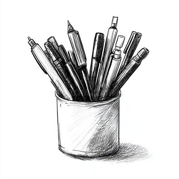 Collection of Various Pens and Markers in a Cup Stock Illustration ...