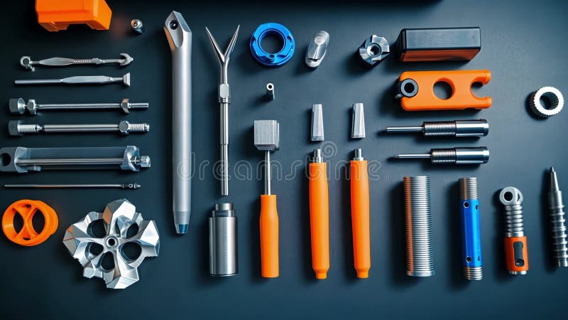 Collection of Various Precision Engineering Components Arranged on Dark ...