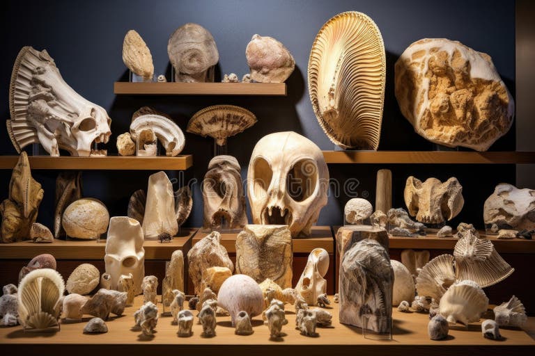 Collection of Various Prehistoric Fossils on Display Stock Illustration ...