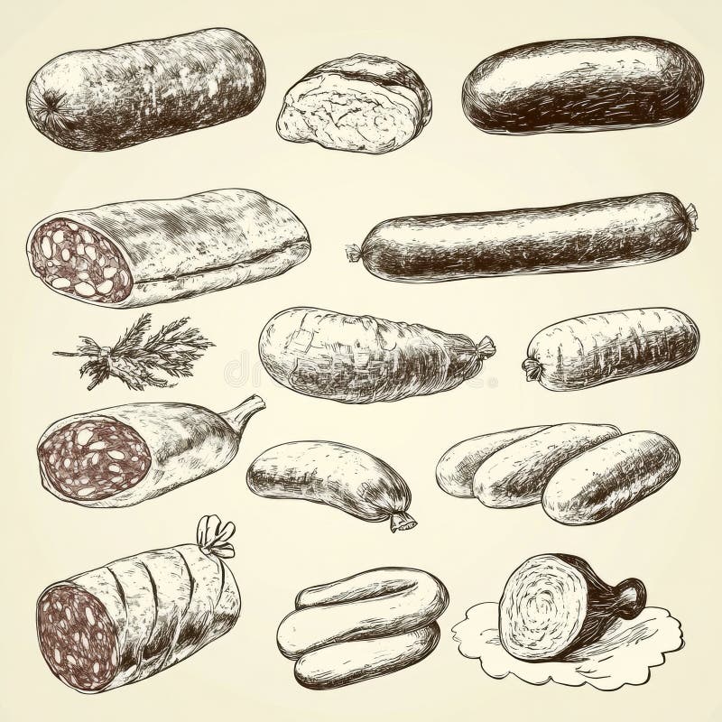 Collection of Various Sausages and Cured Meats Illustrated Artistically ...