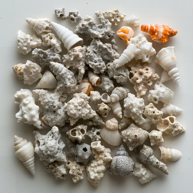 Collection of Various Seashells and Coral Fragments on White Background ...