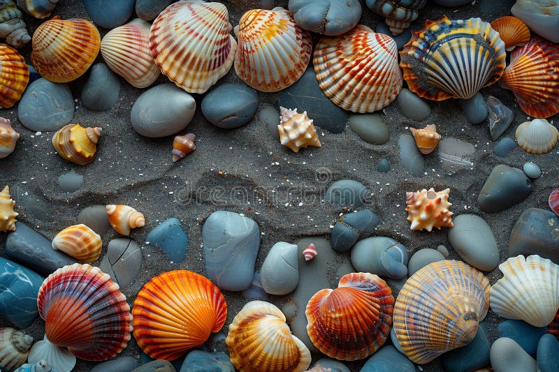 Collection of Various Seashells Lying on the Sand at the Beach Stock ...