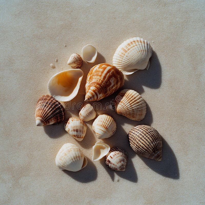 Seashell Collection on Sand Surface in a Bright Natural Light. Stock ...
