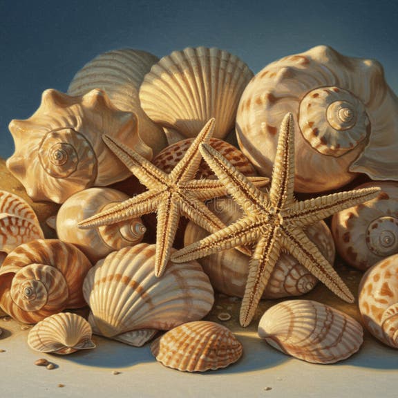 A Collection of Various Seashells and Starfish is Artfully Arranged ...