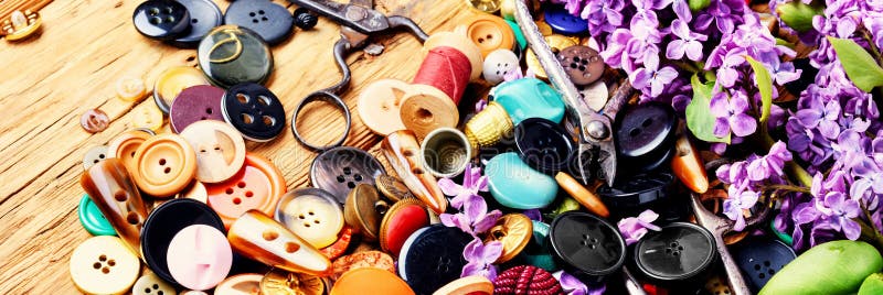 Bright Buttons and Lilac Branch Stock Image - Image of handiwork ...