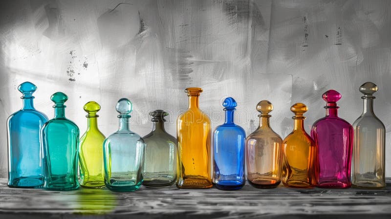 A Collection of Various Sized Glass Bottles Each One Holding a ...