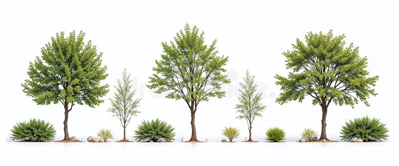 Assorted Trees and Shrubs Arranged in a Row Against a White Background ...
