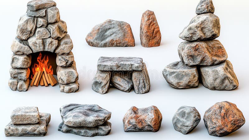 Collection of Various Stone Structures, Including a Fireplace, Rocks ...