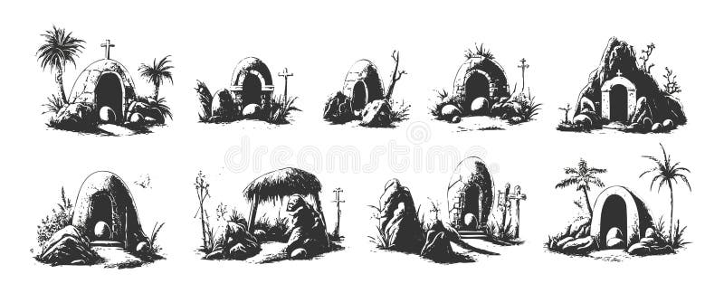 Collection of Various Stone Tomb Designs with Nature Elements Stock ...