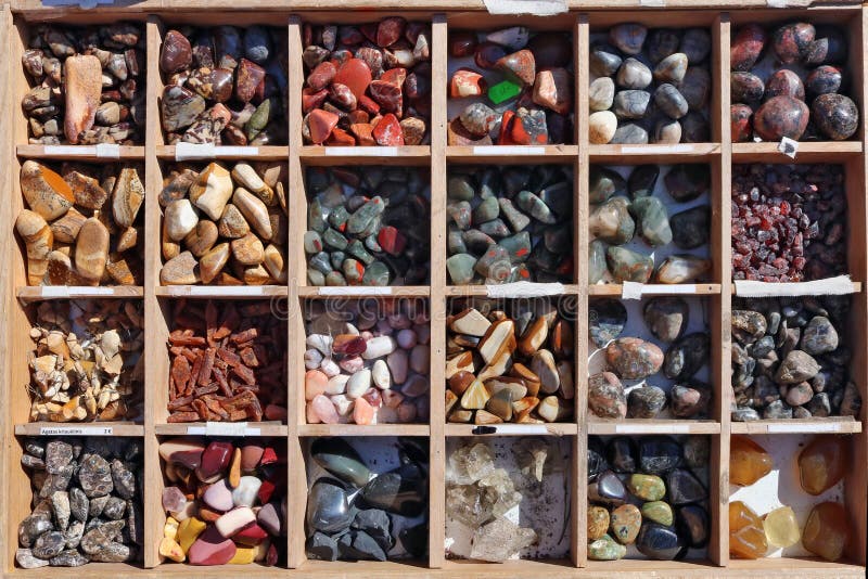 Collection of Various Stones and Minerals in a Wooden Box Stock Image ...
