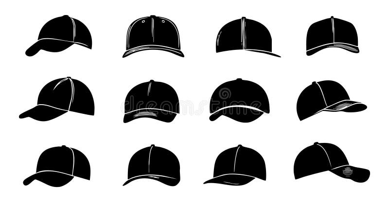A Collection of Six Black Silhouette Designs of Various Baseball Caps ...
