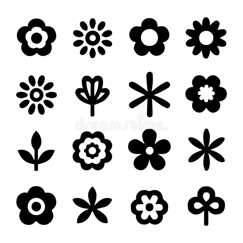 Collection of Various Stylized Flower Icons in a Simple, Silhouette ...