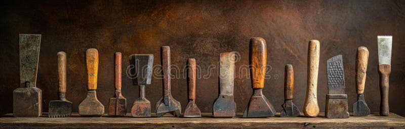 A Collection of Various Tools is Sitting on Top of a Wooden Table Stock ...